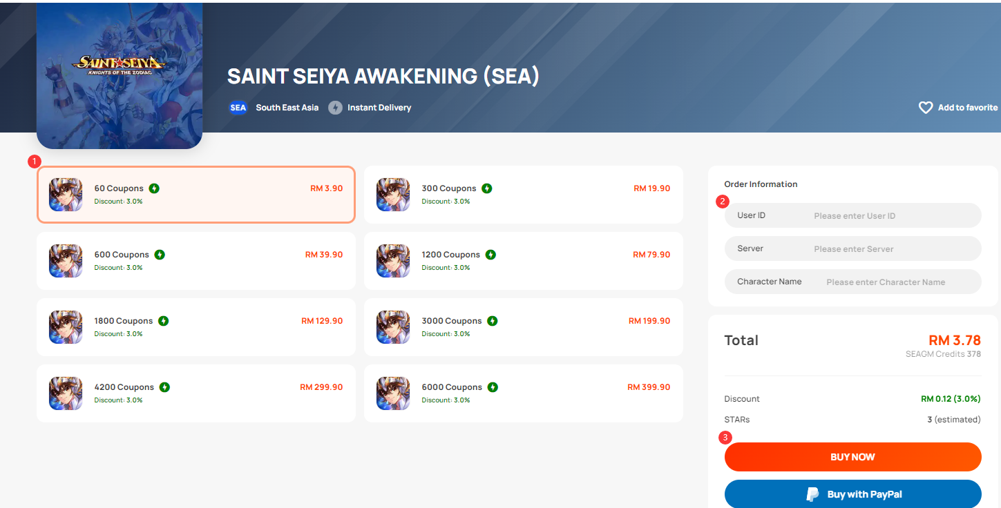 How to topup the Saint Seiya Awakening (SEA) coupons from SEAGM? – SEAGM English Article site